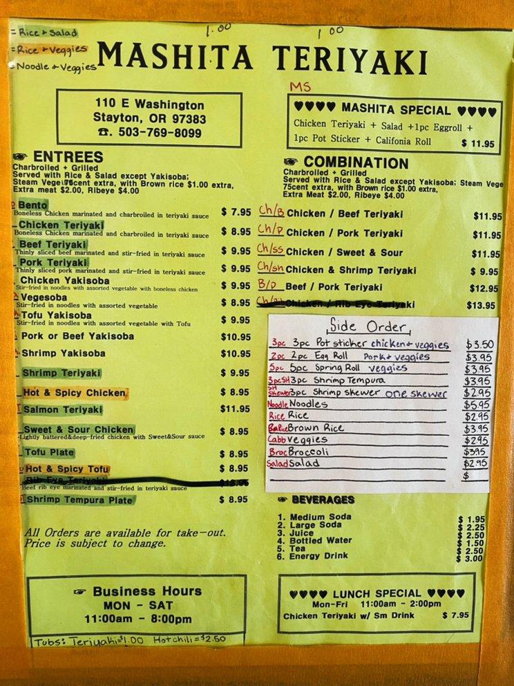 Menu at Mashita Teriyaki Restaurant, Stayton