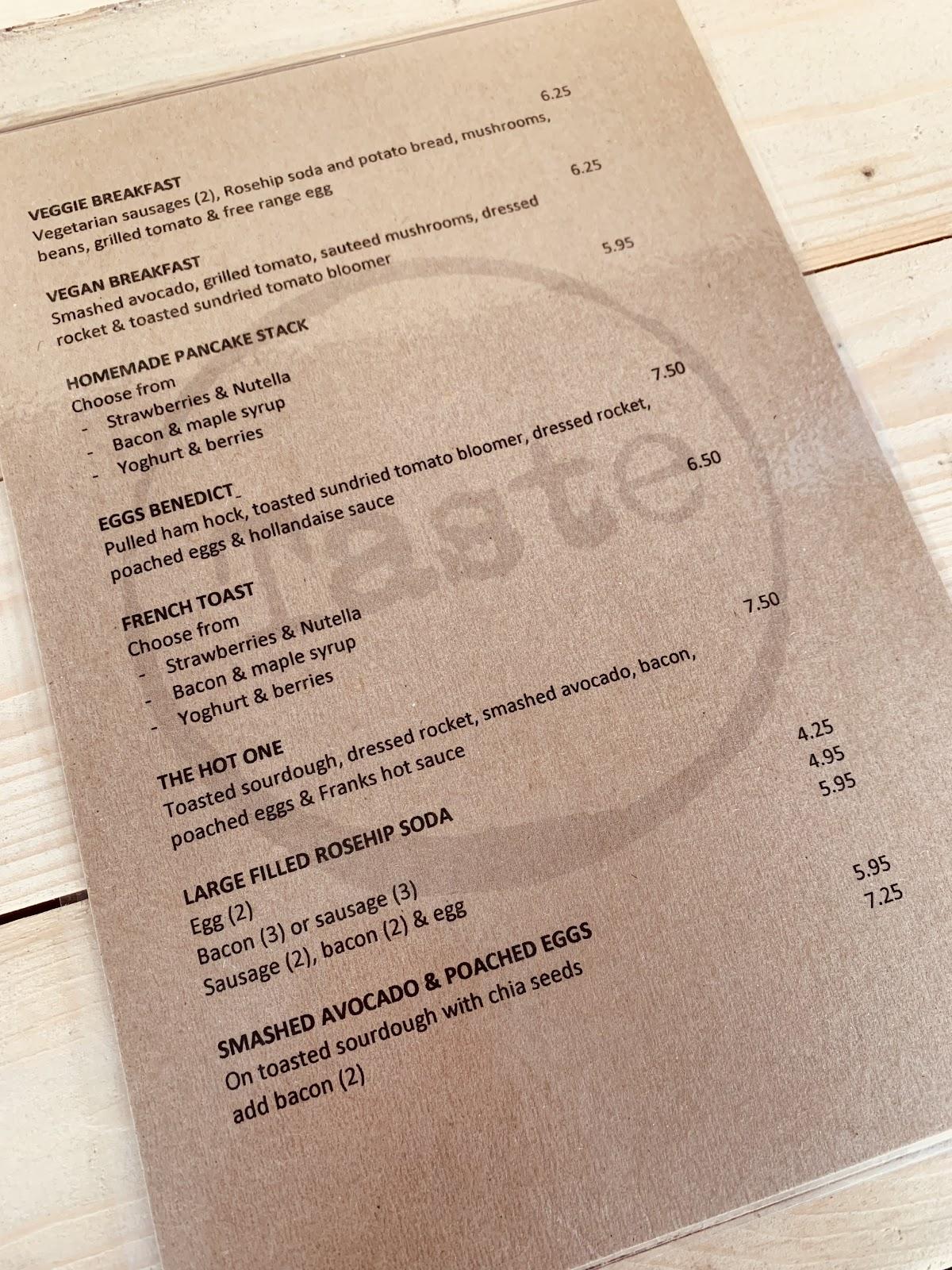 Menu at Taste cafe, Dromore