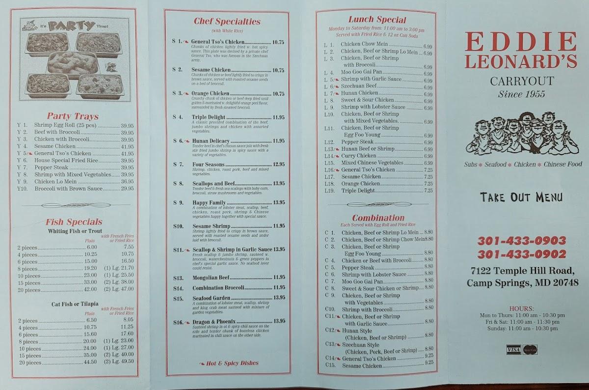 Menu at Eddie Leonard's Carry Out restaurant, Temple Hills, Temple Hill Rd
