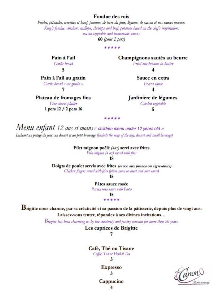 Menu au Le Canon restaurant, Val-d'Or