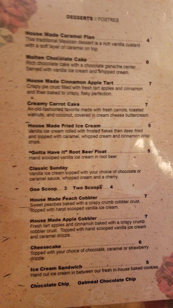 Menu at Marla's steakhouse, Beaumont