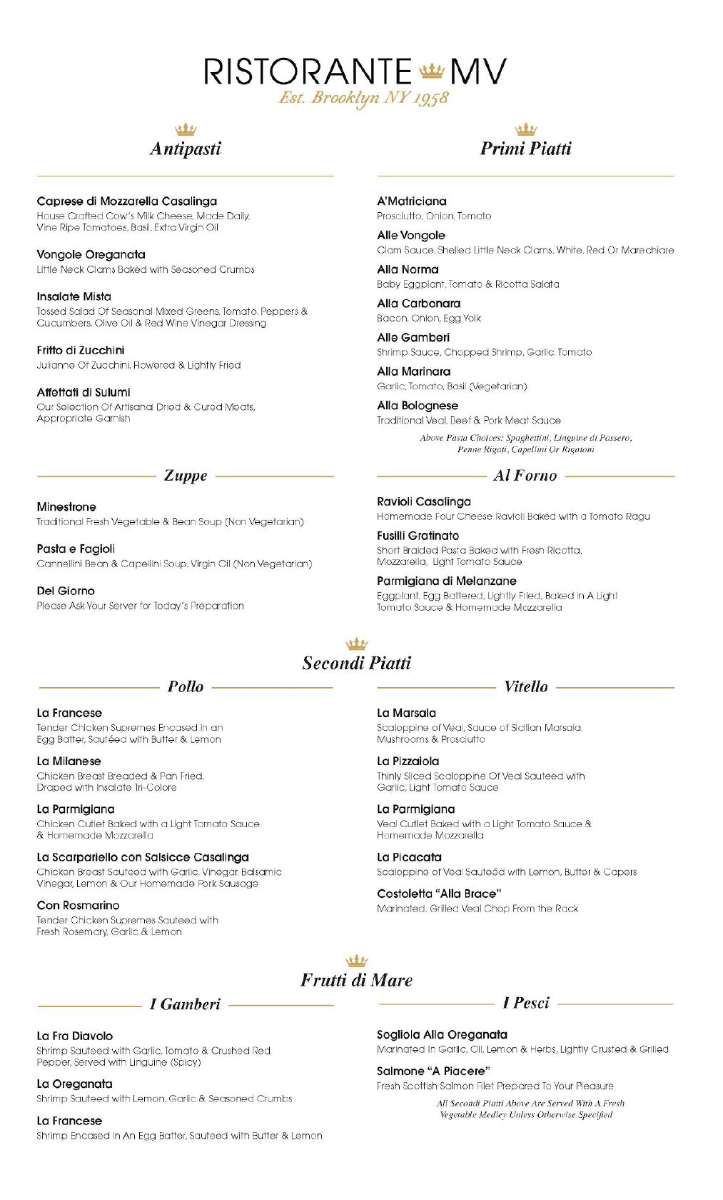 Menu at Ristorante MV restaurant, Bernardsville