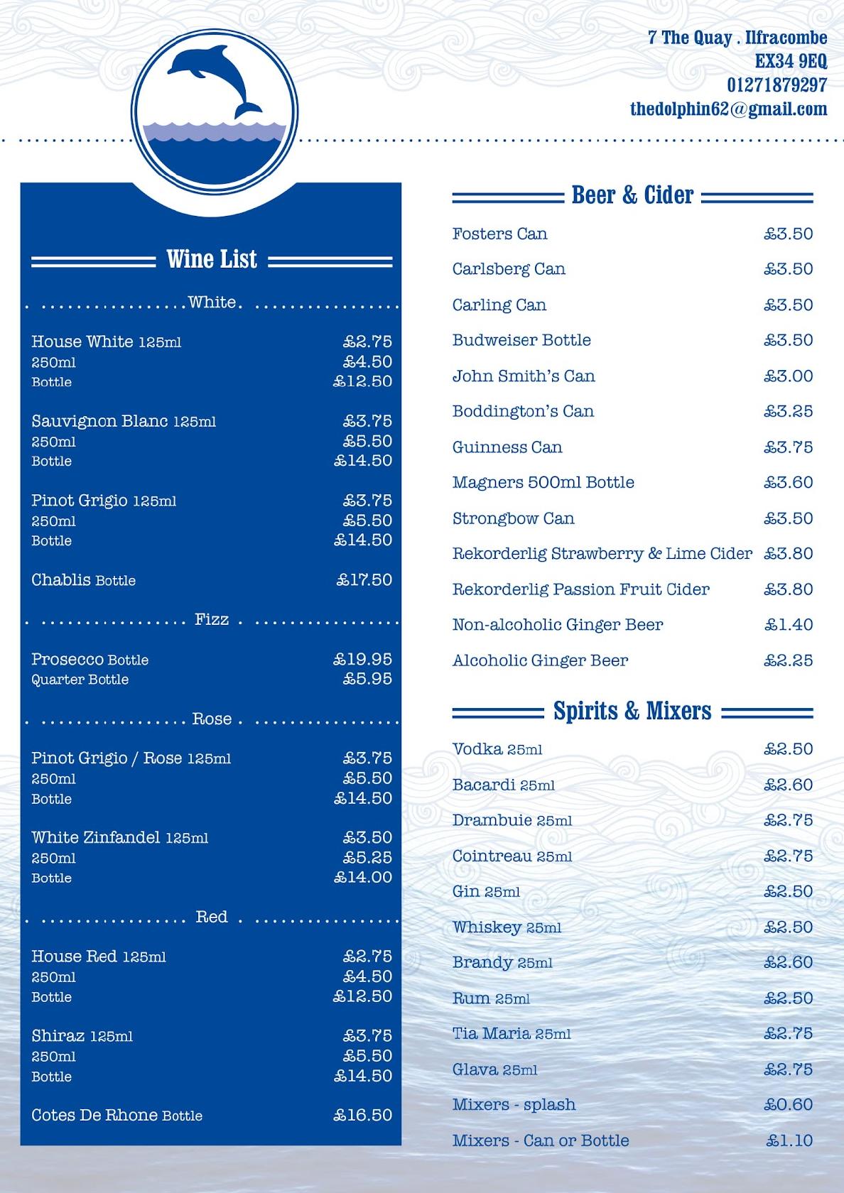 Menu at The Dolphin restaurant, Ilfracombe