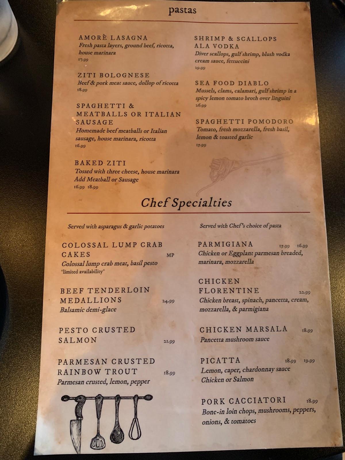Menu at Amore Fine Italian Ristorante restaurant, Floyds Knobs