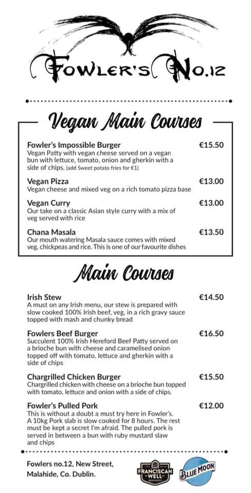 Menu at Fowler’s Malahide pub & bar, Malahide, 12 New St