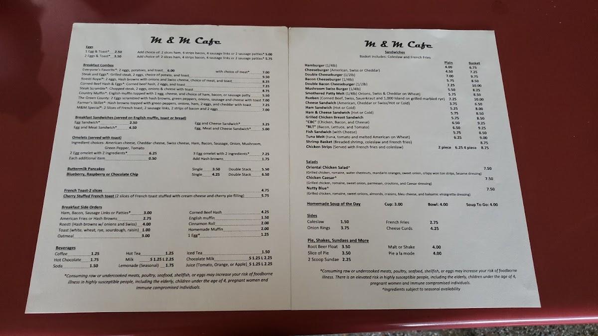 Menu at M & M Cafe, Monticello