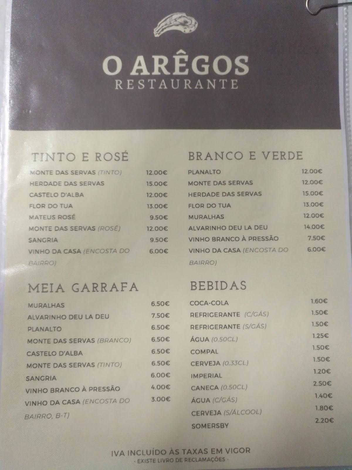 Menu at O Arêgos restaurant, Lisbon, Rua da Esperança 182