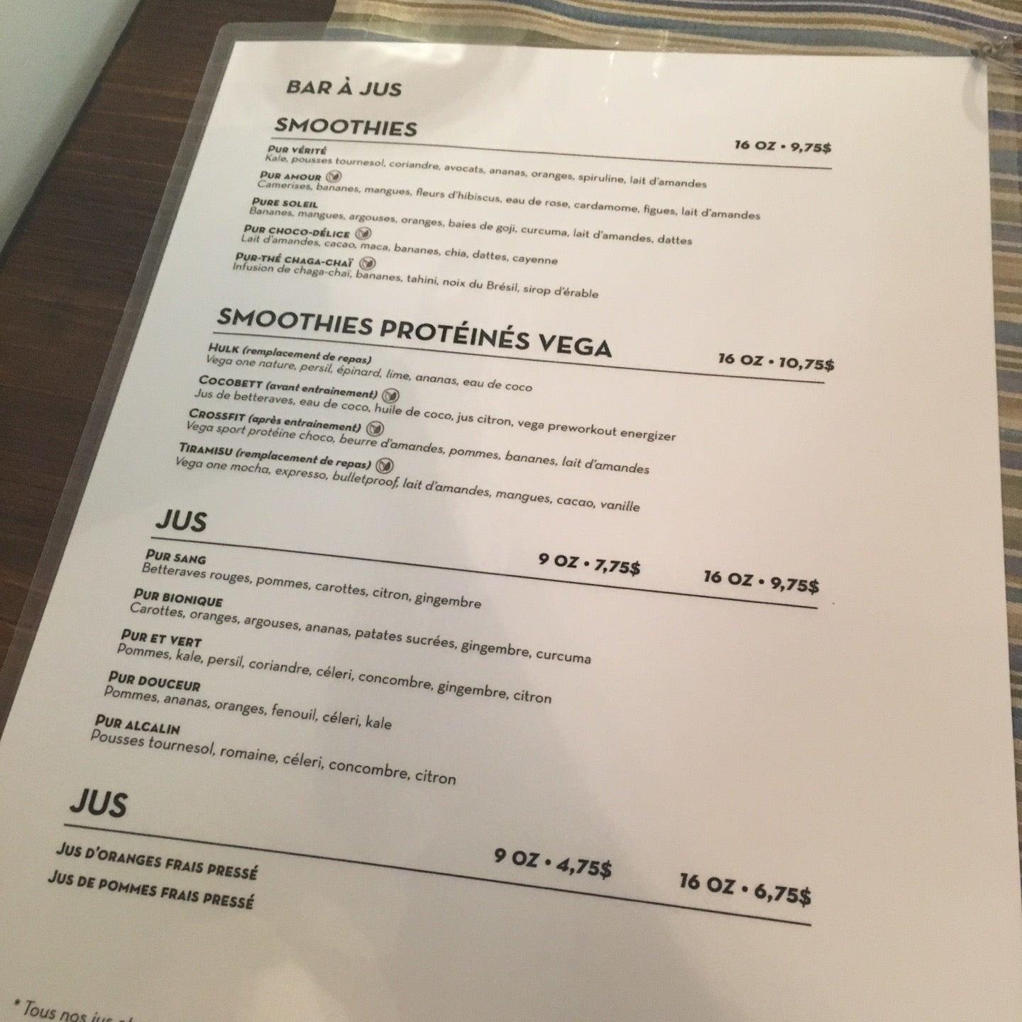 Menu at Pur-Simple restaurant, Bromont