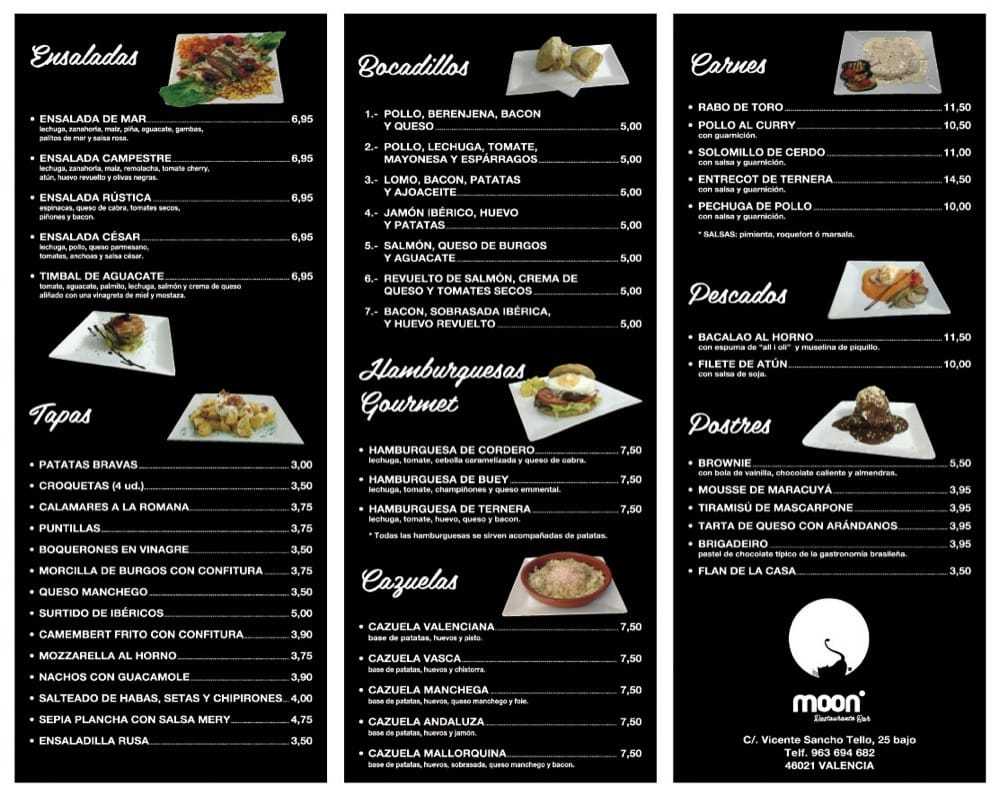 Carta de Restaurante Moon Valencia, Valencia, Carrer de Vicent Sancho Tello