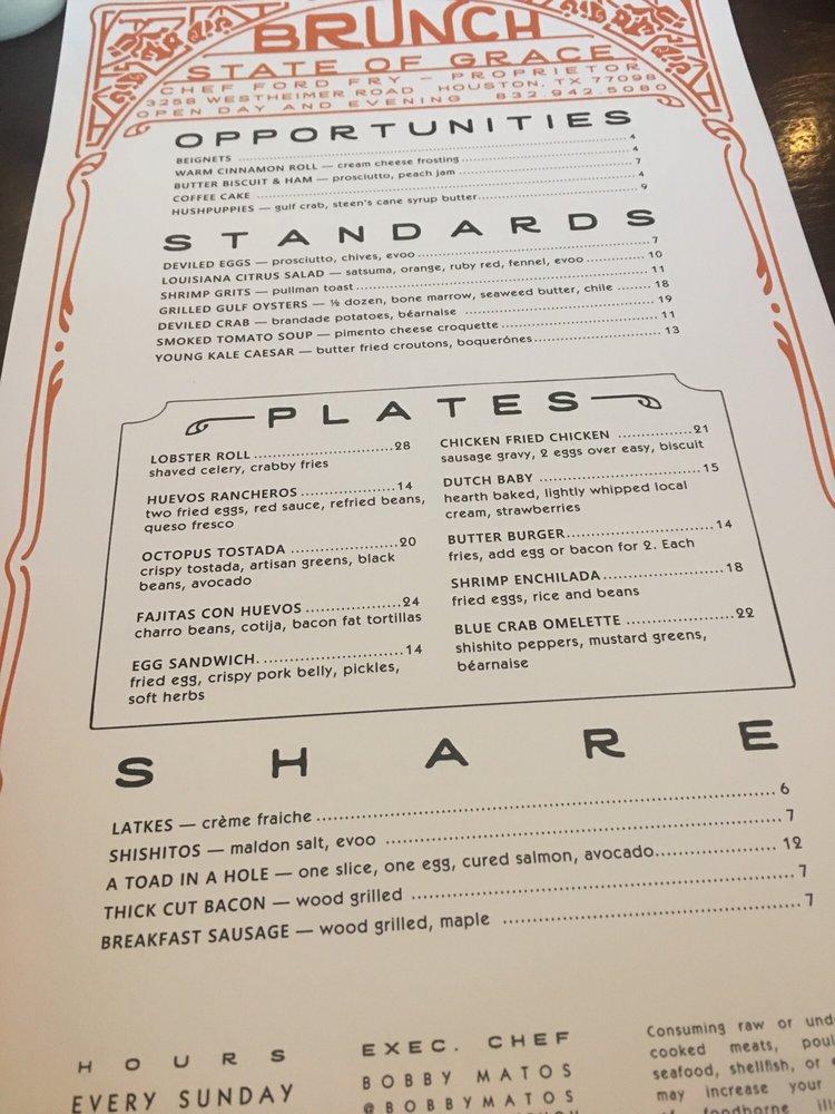 Menu at State of Grace restaurant, Houston, Westheimer Rd