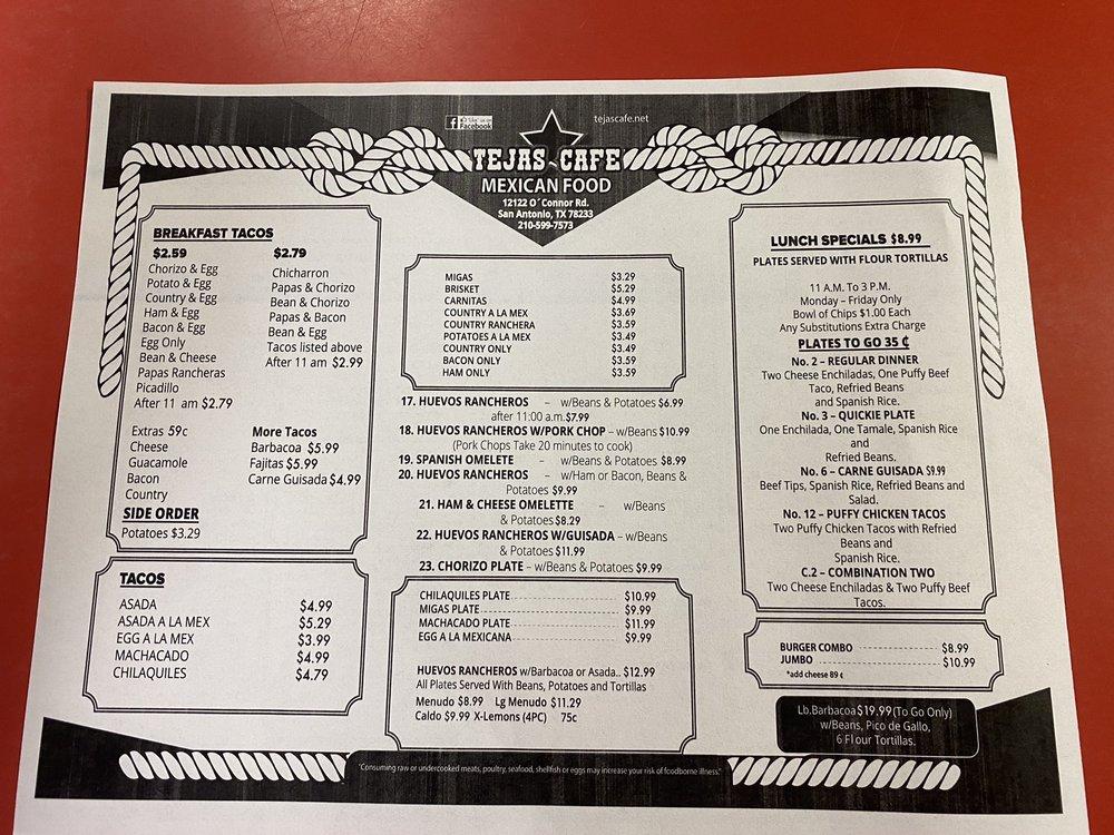 Menu at Tejas Cafe, San Antonio, O'Connor Rd