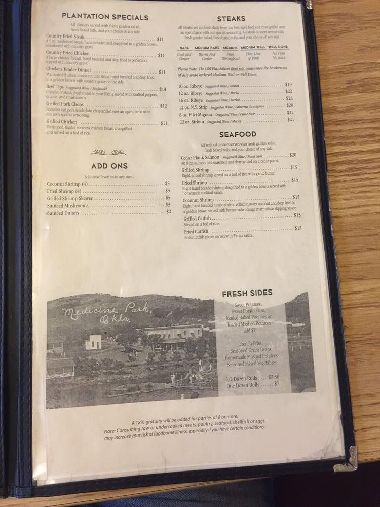 Menu at The Old Plantation Restaurant, Medicine Park