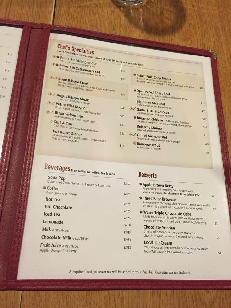 Menu at Three Bear Restaurant, West Yellowstone