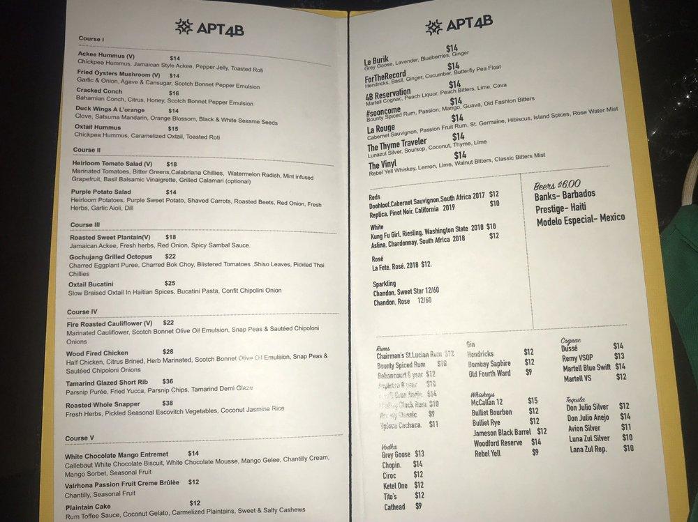 Menu at APT 4B restaurant, Atlanta