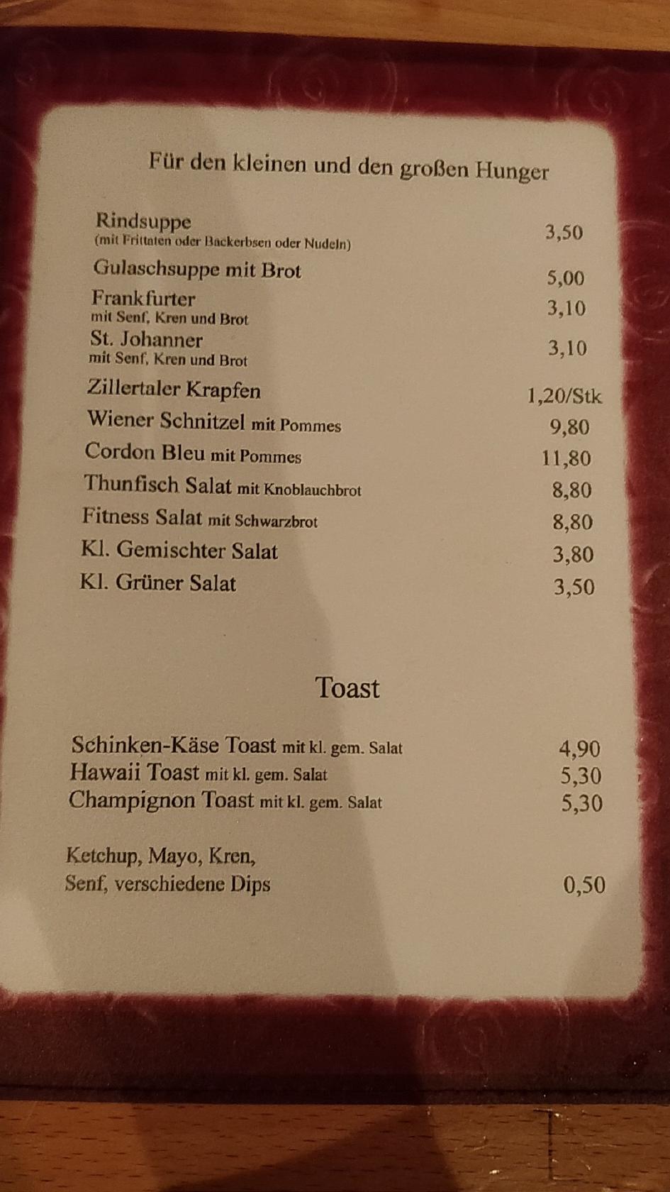 Menu at Cafe Radio, Schwaz