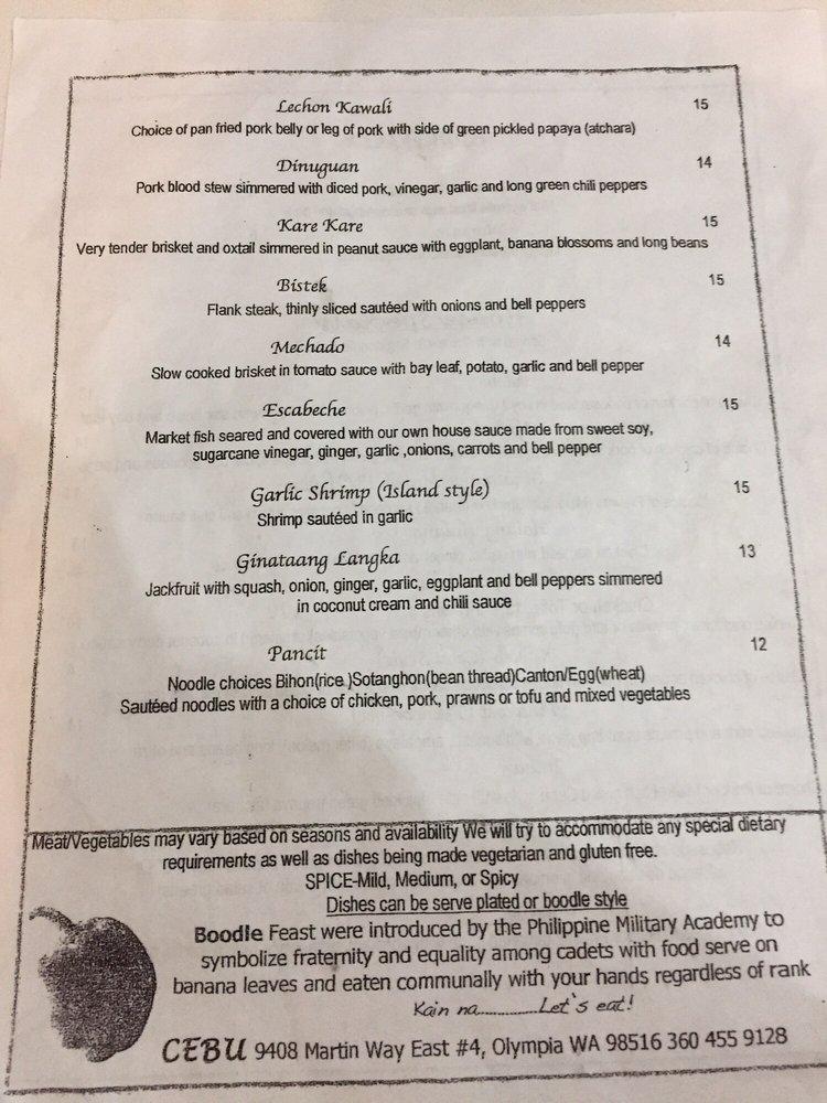 Menu at Cebu Restaurant, Lacey, Martin Way E #4