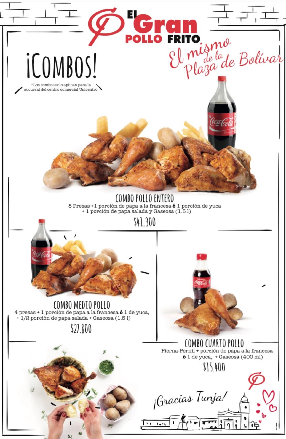 Carta del restaurante El Gran Pollo Frito, Tunja, Domicilio 10 am a 9 pm.