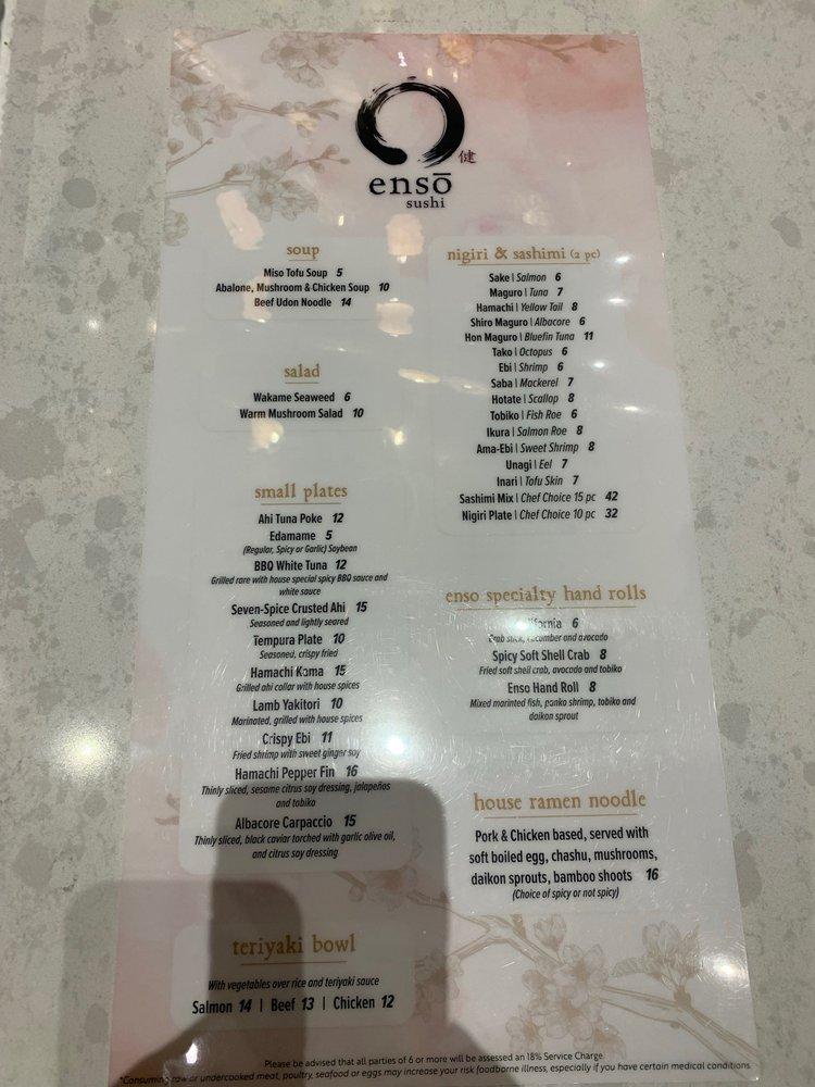 Menu at Enso Sushi restaurant, Brooks