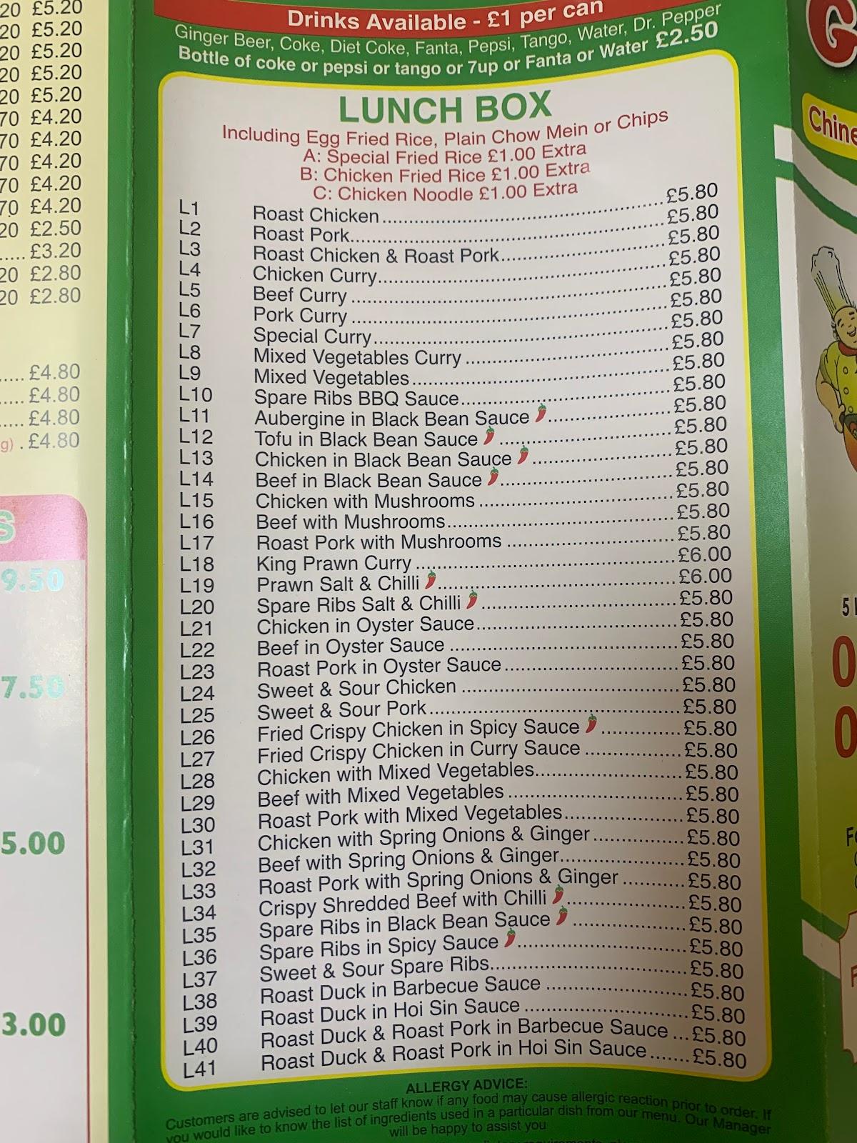 Menu at Gah Shing restaurant, London, 5 High St S
