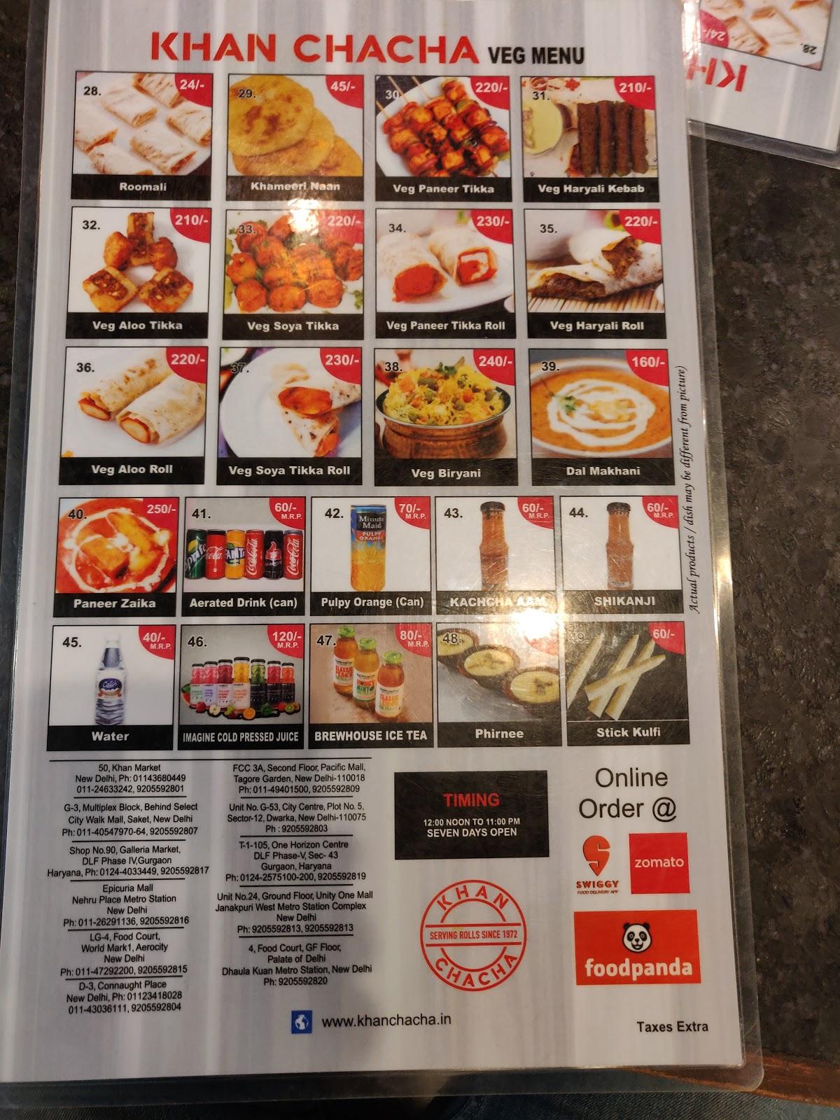 Menu at Khan Chacha, New Delhi, District Center