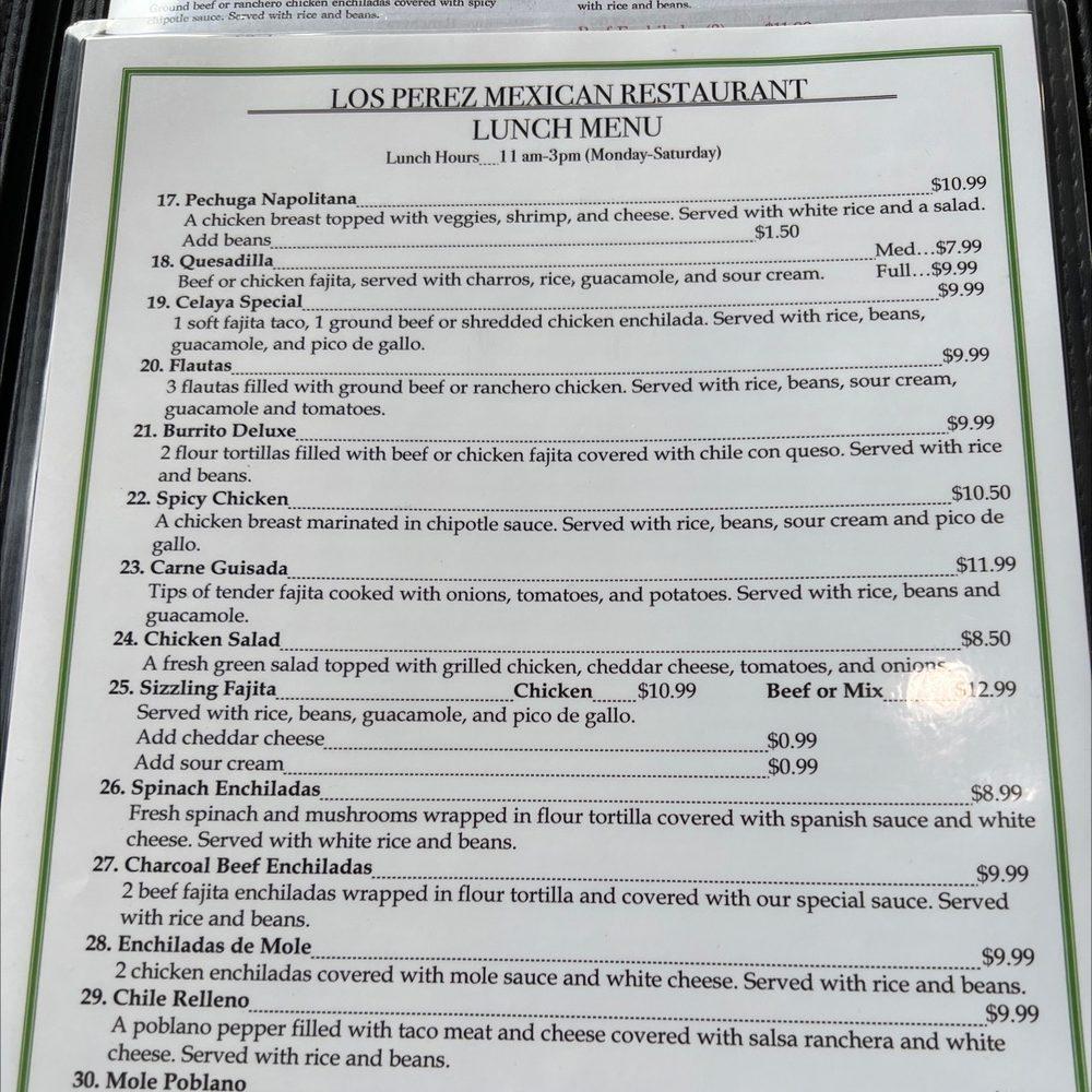 Menu at Los Perez restaurant, Katy
