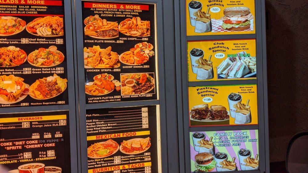 Menu at MGM Burgers restaurant, Bloomington, Cedar Ave
