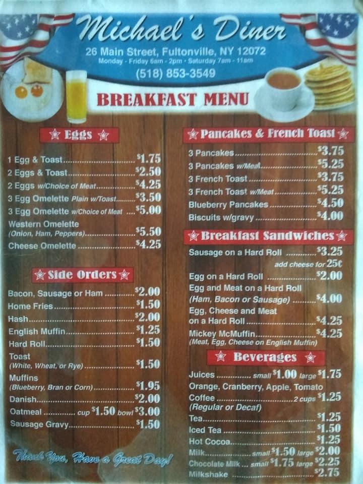 Menu at Michael's Diner restaurant, Fultonville