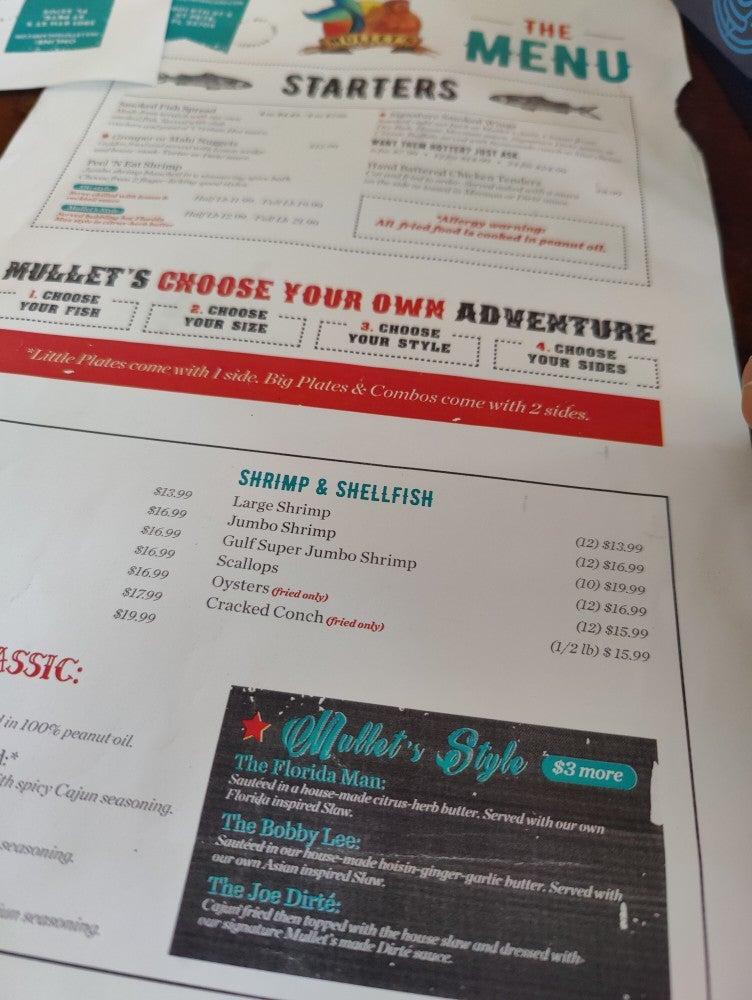 Menu at Mullet's Fish Camp restaurant, Saint Petersburg