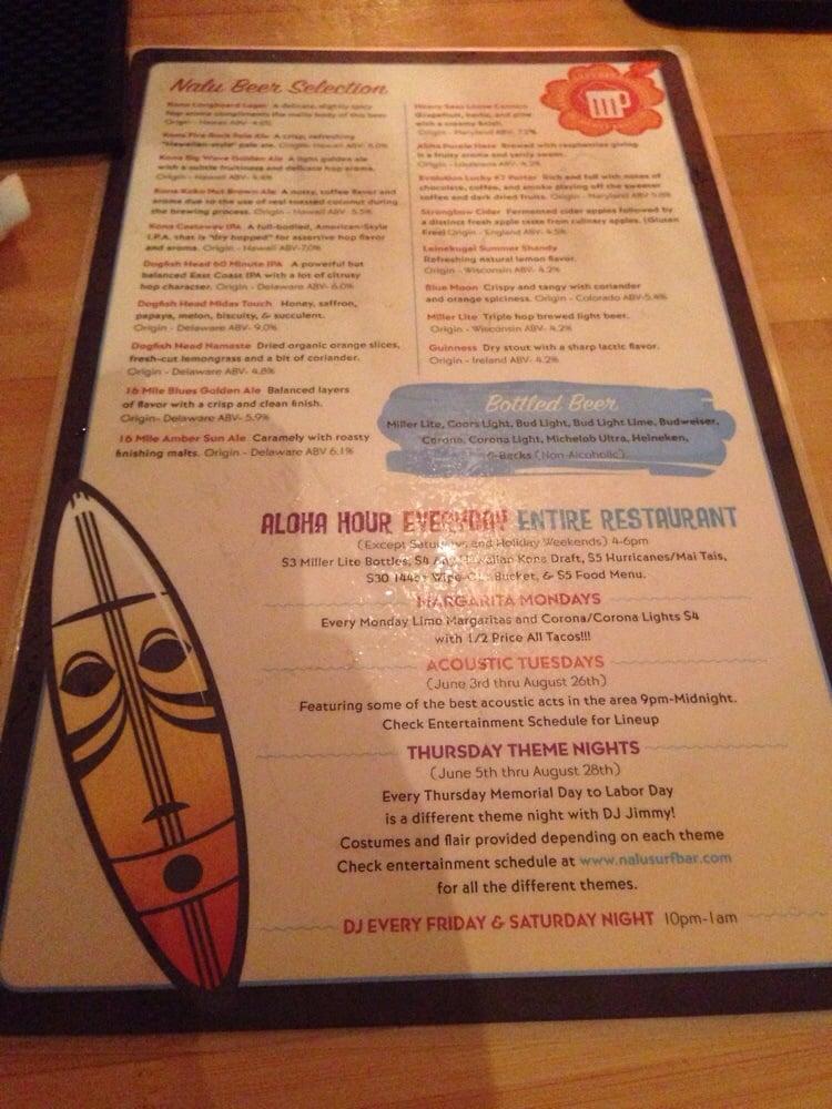 Menu at Nalu Dewey Beach pub & bar, Dewey Beach