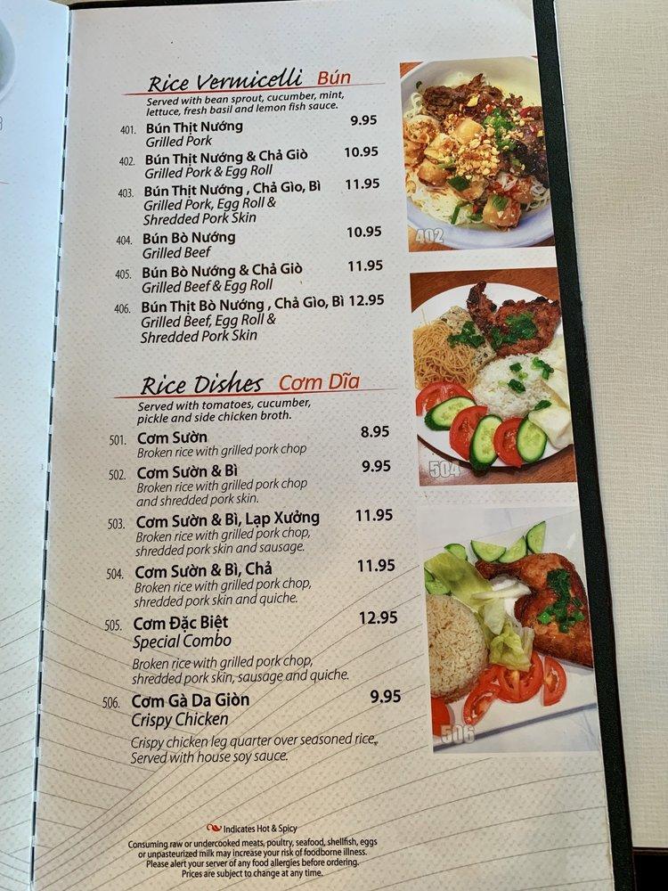 Menu at Pho Phu Linh restaurant, Skokie