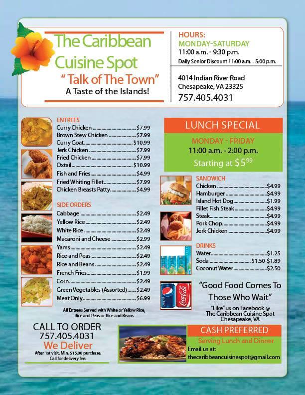 Menu at The Caribbean Cuisine Spot Chesapeake, VA restaurant, Chesapeake