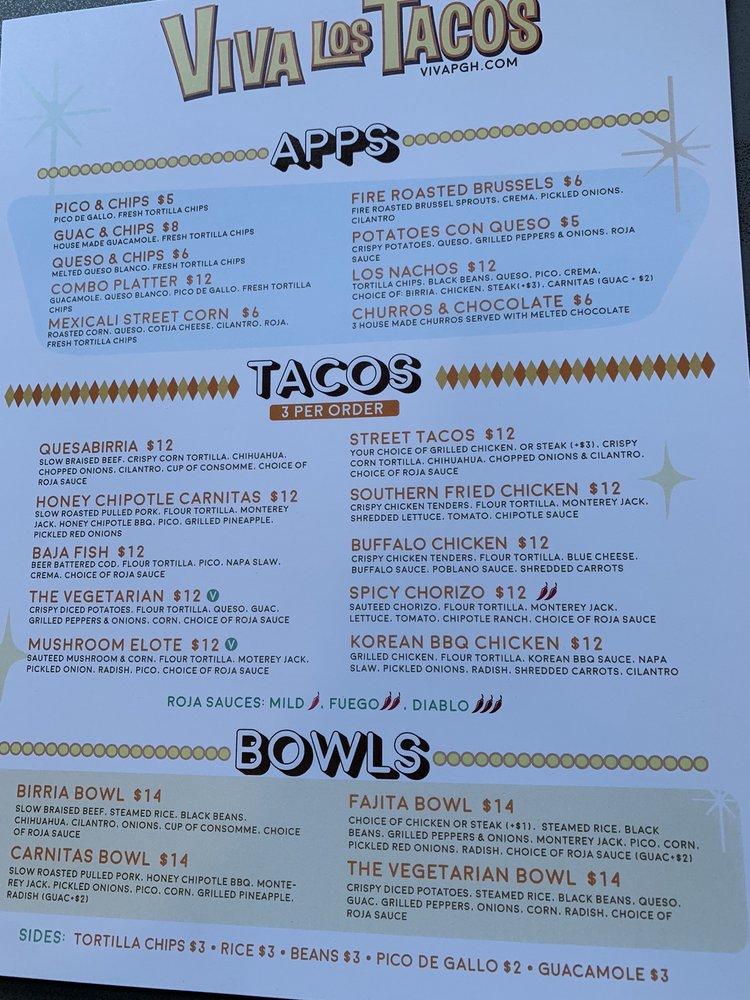 Menu at Viva Los Tacos restaurant, Pittsburgh