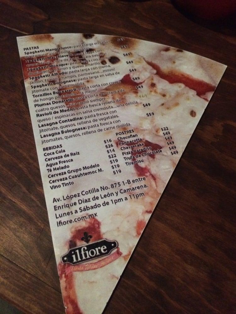 Carta de pizzería il Fiore, Guadalajara