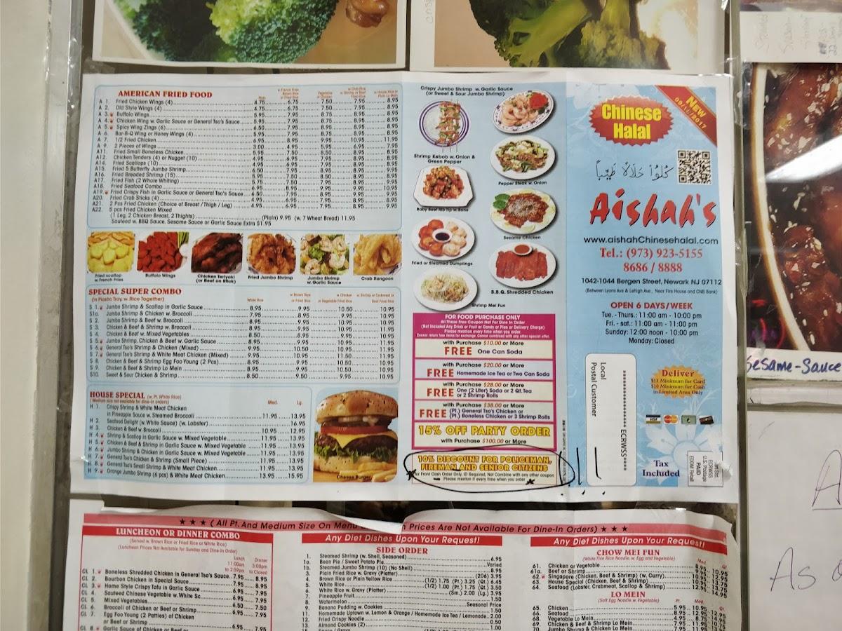 Menu at Aishah's Chinese Halal restaurant, Newark