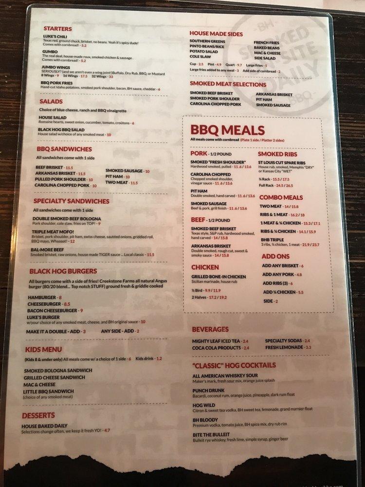 Menu at Black Hog BBQ Urbana, Ijamsville