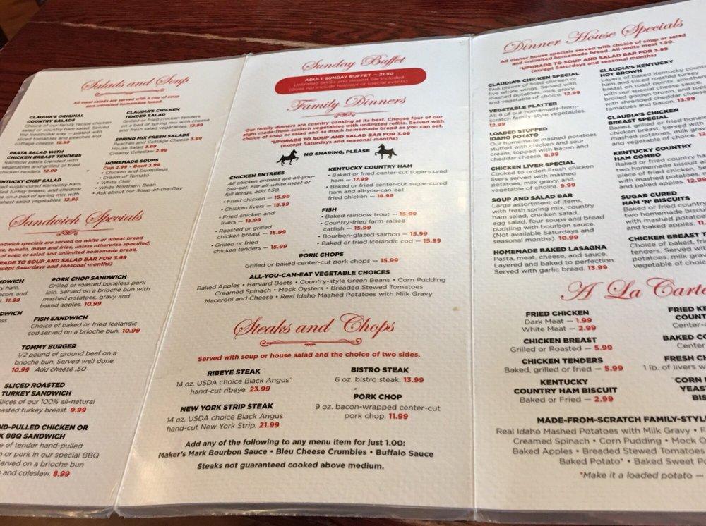 Menu at Claudia Sanders Dinner House restaurant, Shelbyville
