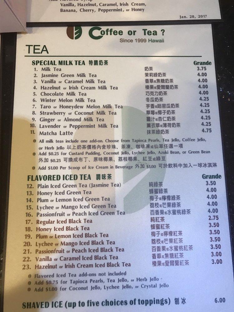 Menu at Coffee or Tea? cafe, Aiea, 98-199 Kamehameha Hwy #C6