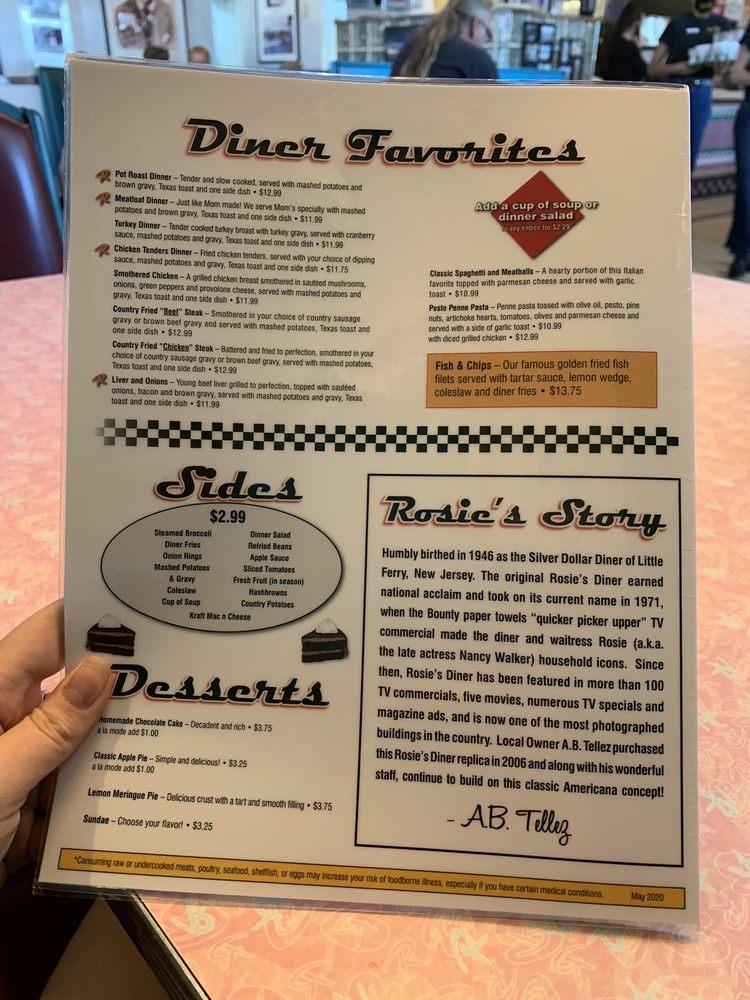Menu at Rosie's Diner restaurant, Monument