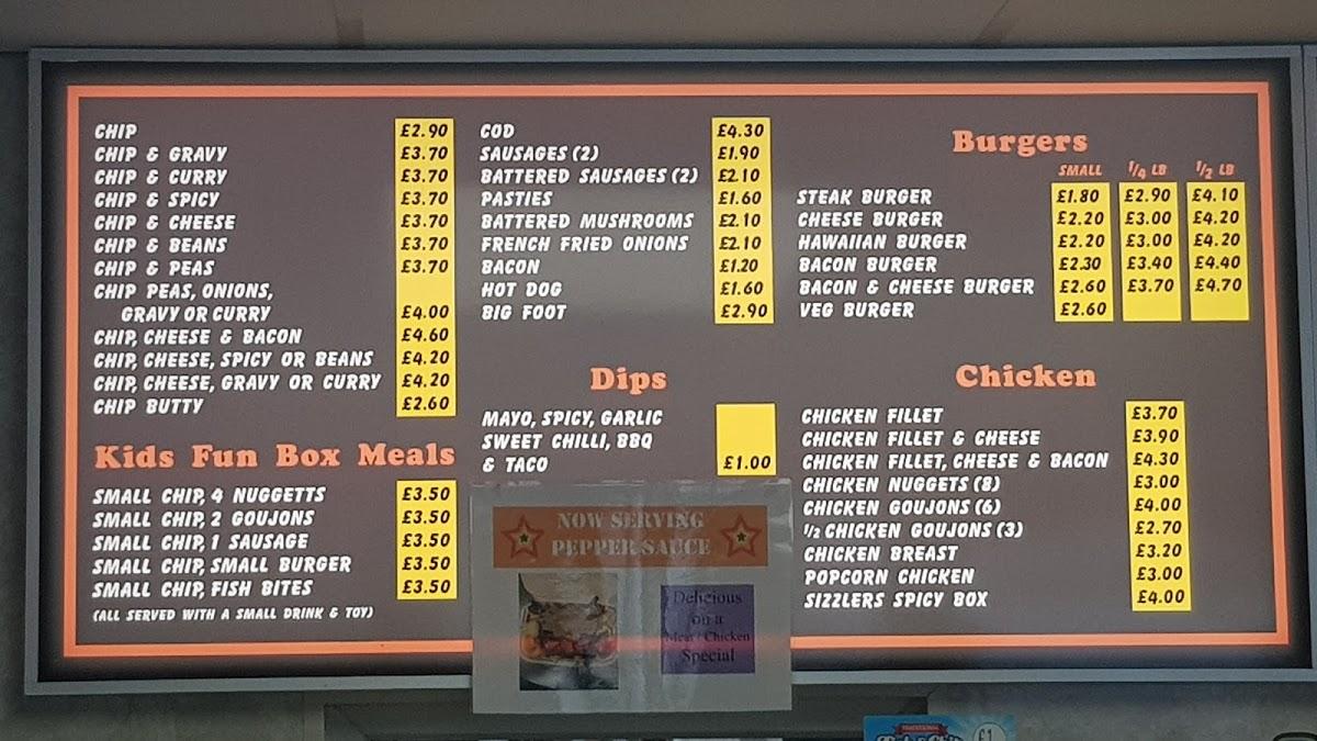 Menu at Sizzlers fast food, Ballymena, 16 Main St