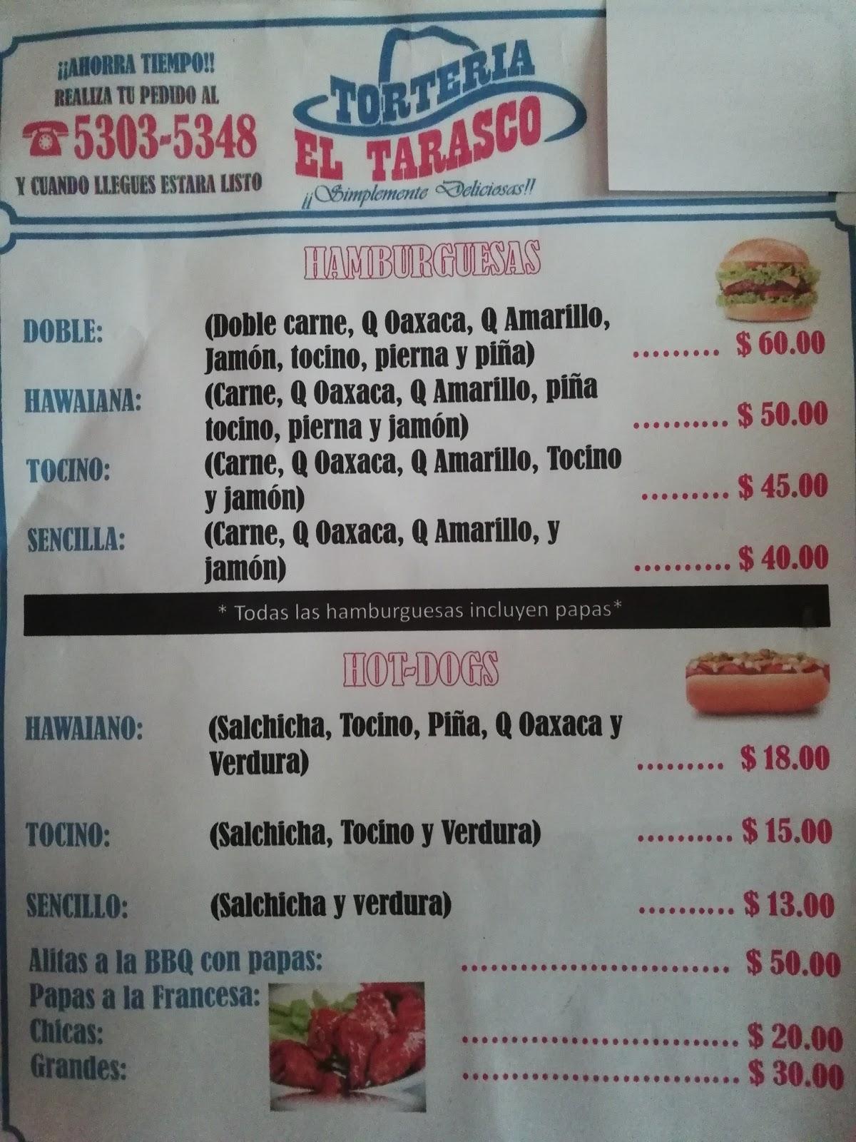 Menu at Torteria El Tarasco II restaurant, Tlalnepantla de Baz