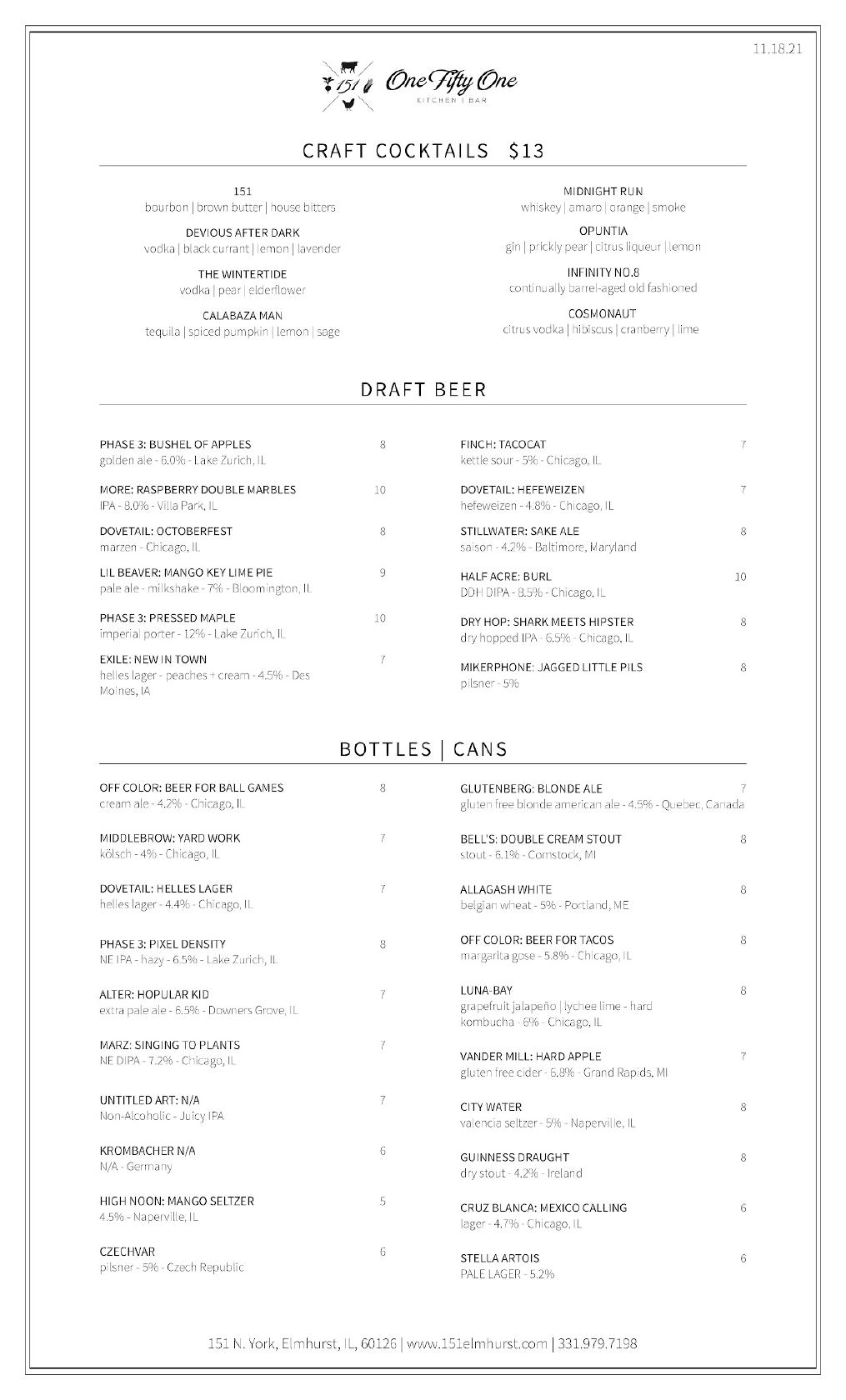 Menu at 151 Kitchen Bar, Elmhurst