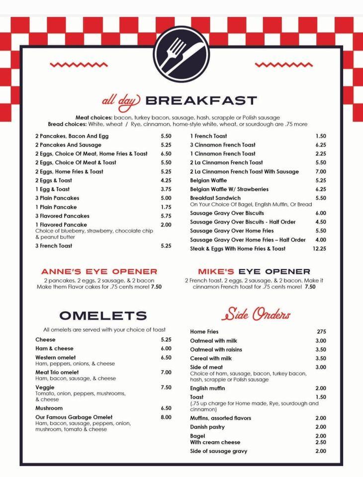 Menu at Anne's Pancakes restaurant, Elmira