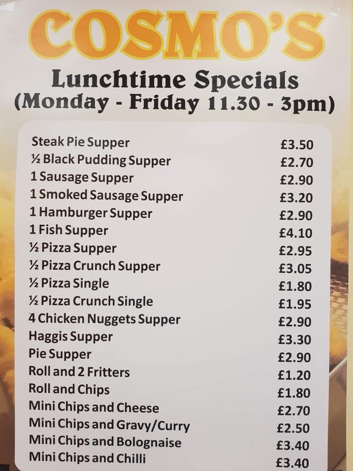Menu at Cosmo's fast food, Paisley