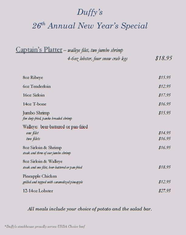 Menu at Duffy's Bar, Hoople