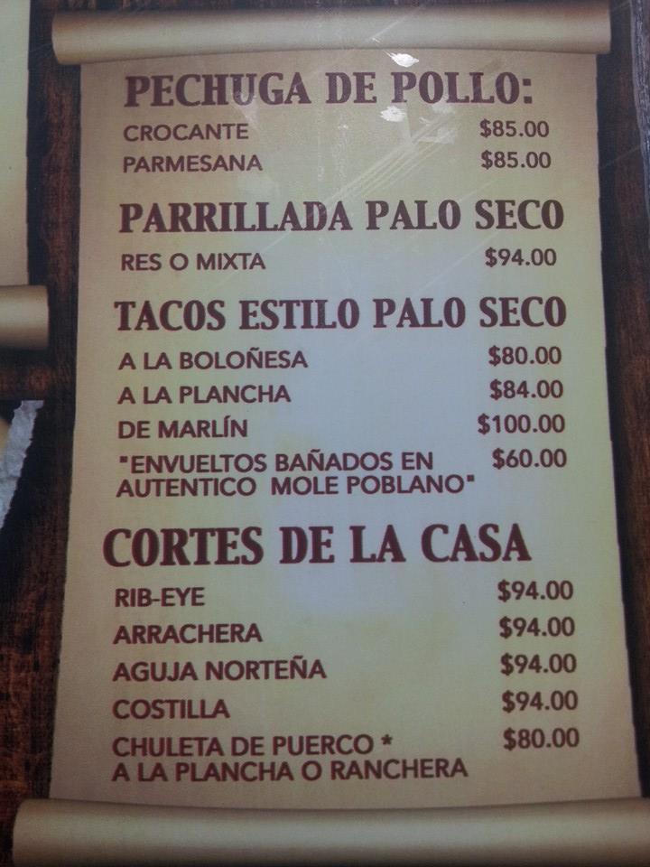 Menu at Palo seco restaurant, Reynosa