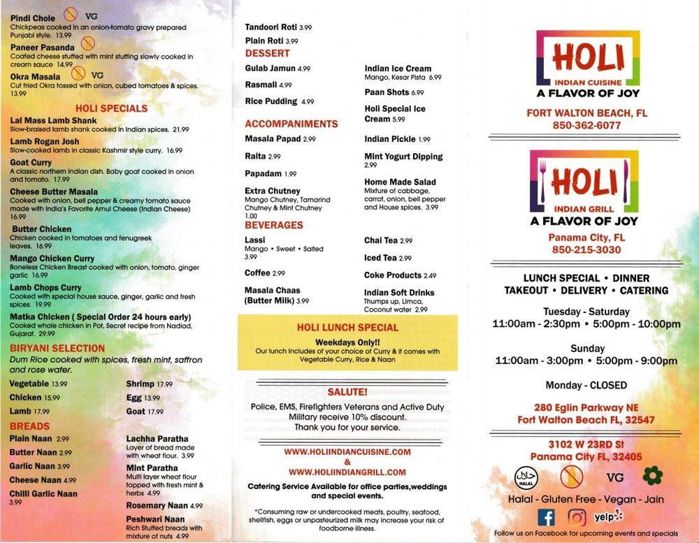 Menu at Holi Indian Cuisine (A Flavor of Joy) restaurant, Fort Walton Beach