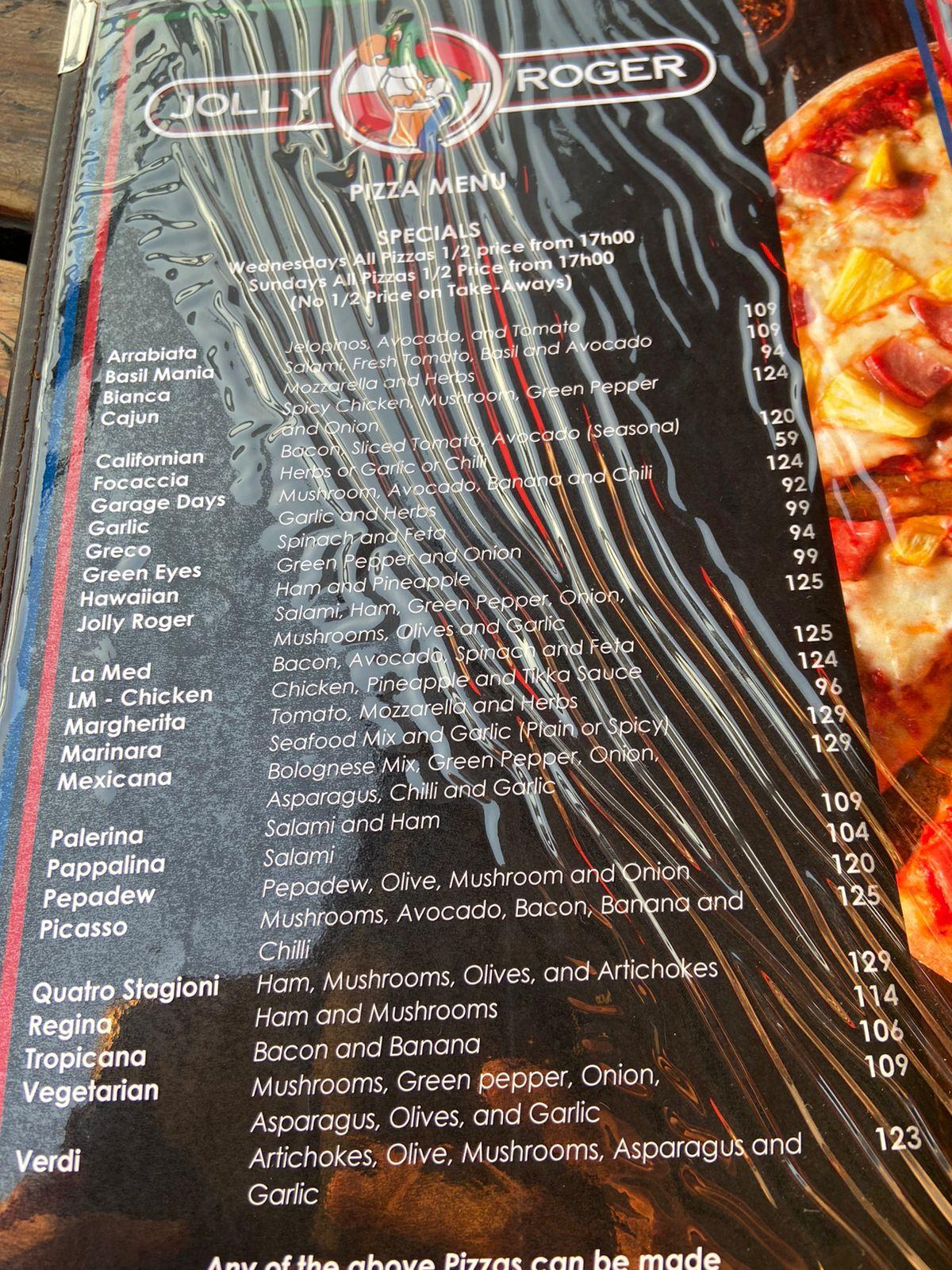 Menu at Jolly Roger restaurant, Johannesburg