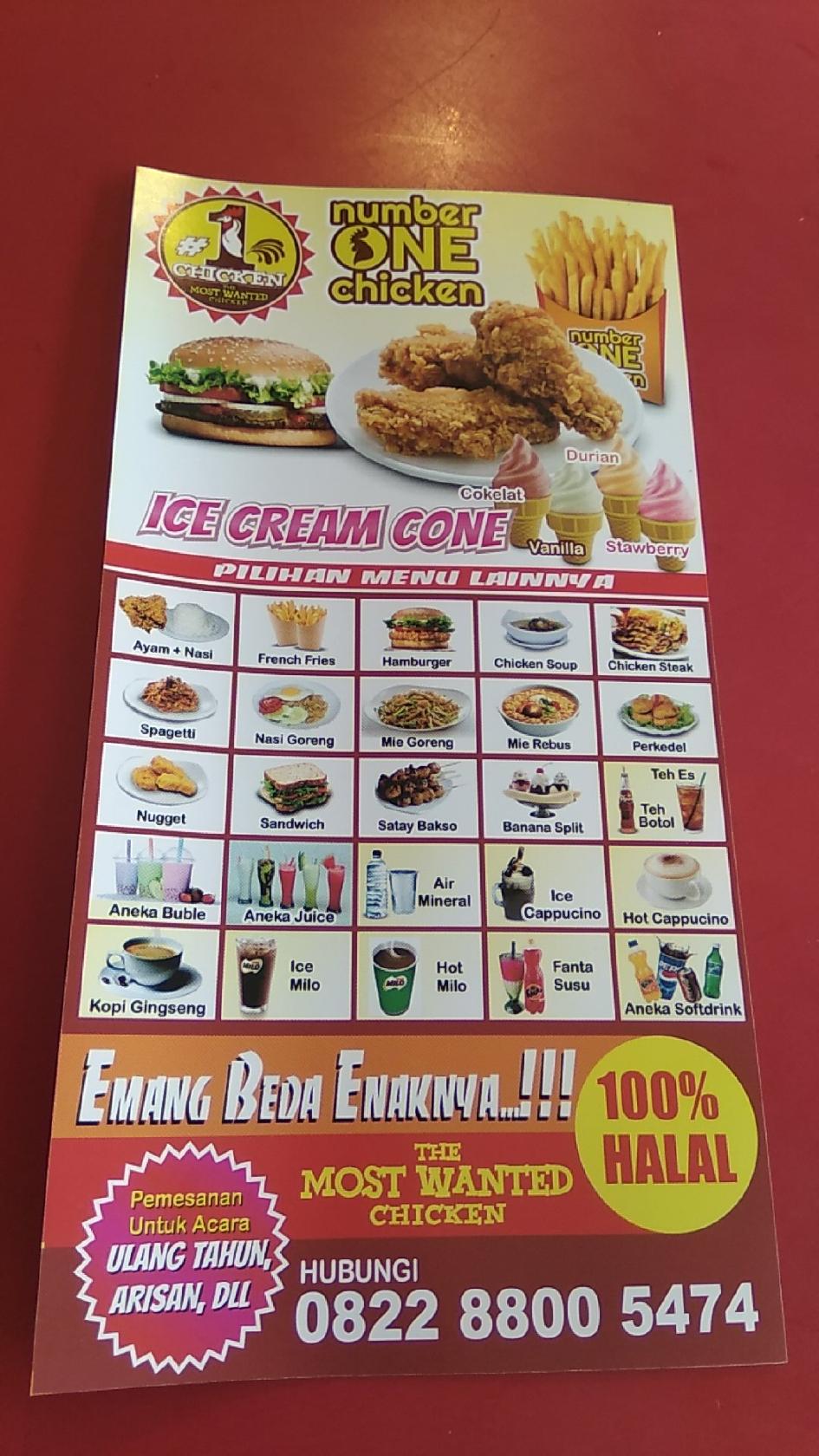 Carta del restaurante Number One Chicken Panam, Pekanbaru
