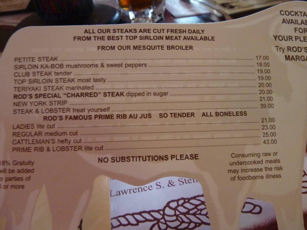 Menu at Rod's Steak House steakhouse, Williams