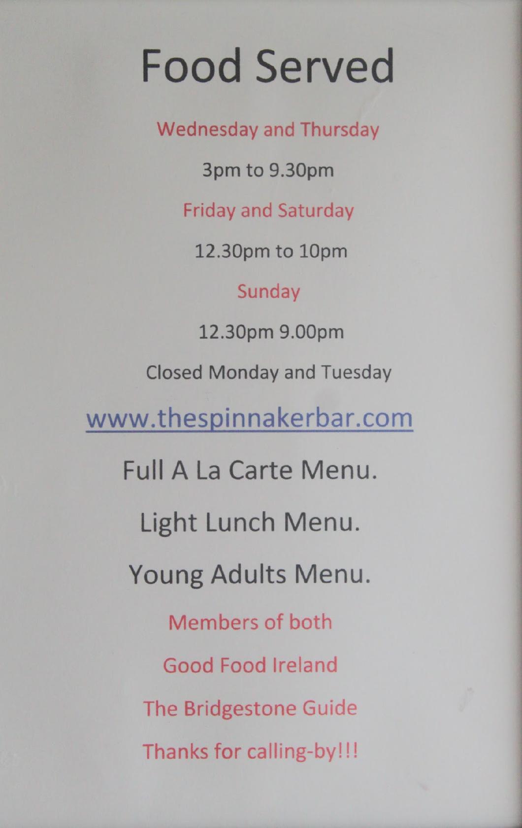 Menu at The Spinnaker Bar & Restaurant, Dunmore East, Lower Village ...